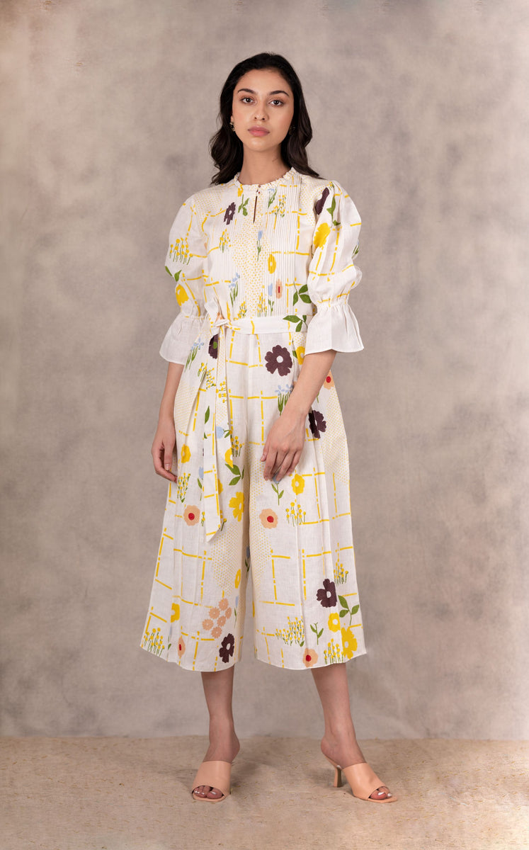 Hand Block Floral Jumpsuit With Hand Made Details In Linen – ARCVSH by ...